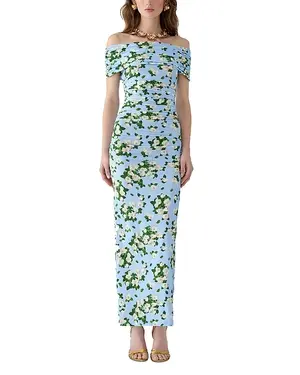 Carolina Herrera Off-the-shoulder Floral Gathered Dress - Cloudy Blue Multi