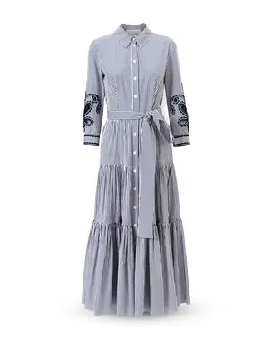 Carolina Herrera Striped Embroidered Belted Dress