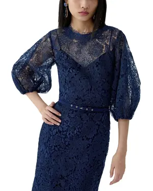 Carolina Herrera Balloon Sleeve Lace Midi Dress