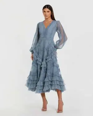 Mac Duggal Petite Long Sleeve V-neck Micro Ruffle Midi Dress