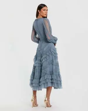 Mac Duggal Petite Long Sleeve V-neck Micro Ruffle Midi Dress