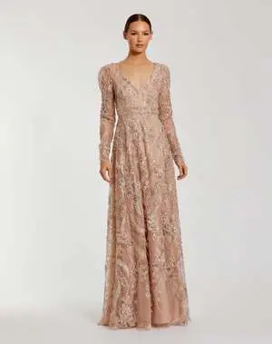 Mac Duggal Embroidered Long Sleeve V-neck Gown - Neutral