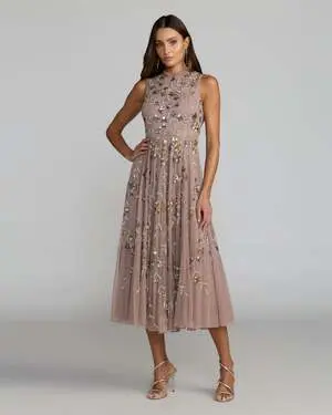 Mac Duggal Embellished High Neck Sleeveless Midi Dress - Pink