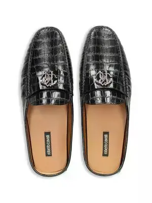 Roberto Cavalli Crocodile-effect Mules With Silver-tone Logo Plaque