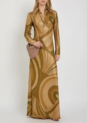 Emilio Pucci Printed Metallic-jersey Maxi Shirt Dress - Brown