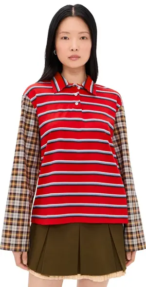 MSGM Striped Polo With Contrast Plaid Sleeves