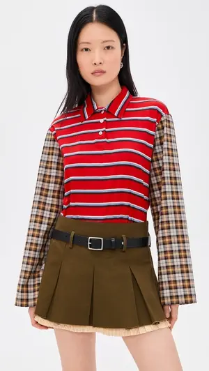 MSGM Striped Polo With Contrast Plaid Sleeves