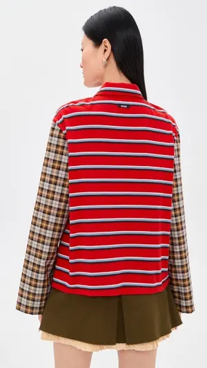 MSGM Striped Polo With Contrast Plaid Sleeves