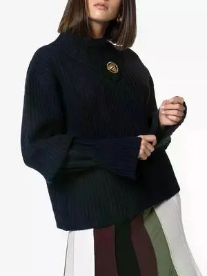 JW Anderson Asymmetrical Foldover Neck Ribbed Knit Sweater With Gold-tone Snap-buttons