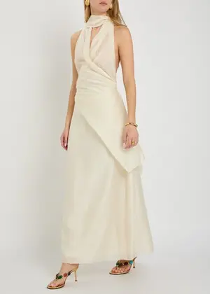 SOLAQUA Antonella Embroidered Draped Maxi Dress - Ivory
