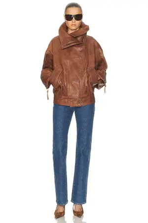Balmain High Collar Lambskin Jacket - Marron
