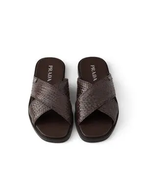 Prada Woven Leather Crisscross Slides - Brown