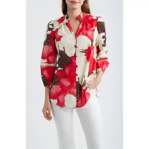 Anne Klein Ruffle Neck Printed Cotton Button-up Shirt