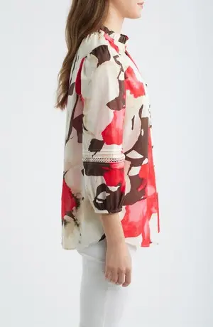 Anne Klein Ruffle Neck Printed Cotton Button-up Shirt