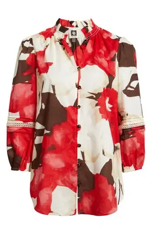 Anne Klein Ruffle Neck Printed Cotton Button-up Shirt
