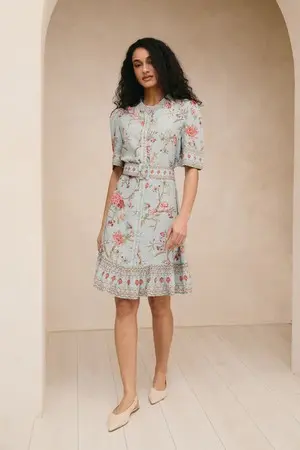 RAISHMA Everly Floral Print Belted Knee-length Dress - Blue