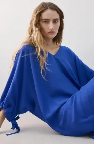 Mango Silk Puff Sleeve V-neck Nightgown - Blue