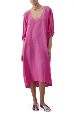 Mango Silk Puff Sleeve V-neck Nightgown - Fuchsia