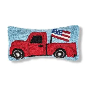 C&F HOME Patriotic Retro Pickup Truck W/ Waving American Flag Hooked Mini Accent Pillow, 6" X 12" - Red