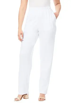 Roaman's Soft Knit Relaxed Straight Leg Pull-on Pants - White