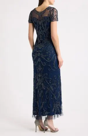 Pisarro Nights Embellished Mesh Column Gown - Navy