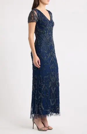 Pisarro Nights Embellished Mesh Column Gown - Navy