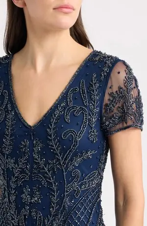 Pisarro Nights Embellished Mesh Column Gown - Navy