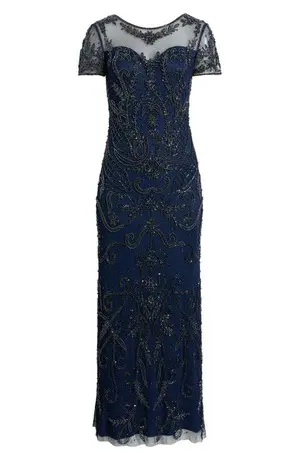 Pisarro Nights Embellished Mesh Column Gown - Navy