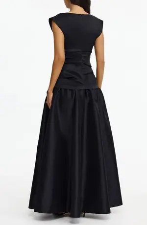 Acler Delph Ruched Floral Appliqué Satin Drop Waist Gown