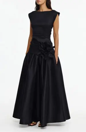 Acler Delph Ruched Floral Appliqué Satin Drop Waist Gown