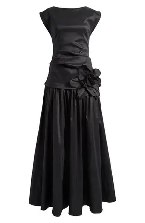 Acler Delph Ruched Floral Appliqué Satin Drop Waist Gown