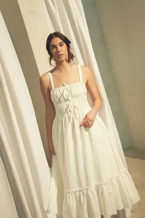 VASILIKI Amara Ruched Midi Linen Dress - Pristine