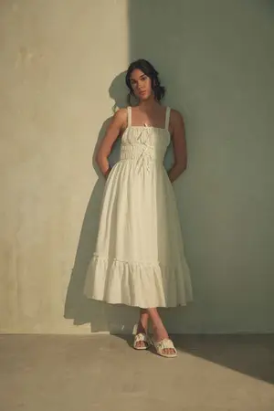 VASILIKI Amara Ruched Midi Linen Dress - Pristine