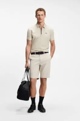 BOSS Zipper-neck Polo Shirt In Cotton-blend Jersey - Light Beige