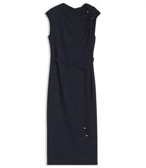 BOSS Midi Dress With Gathered Shoulder Detail And Pin Embellishment - Dark Blue