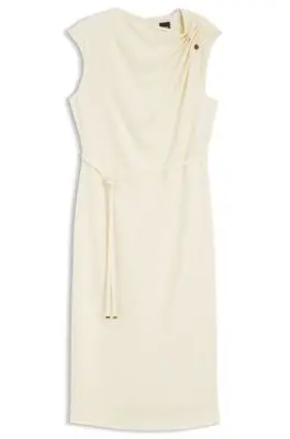 BOSS Midi Dress With Gathered Shoulder Detail And Pin Embellishment - Light Beige