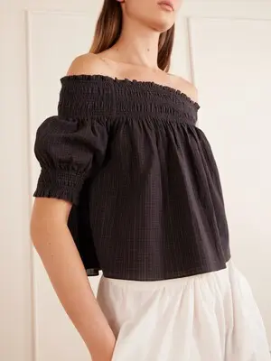 Matteau Shirred Off-the-shoulder Checked Cotton Blouse