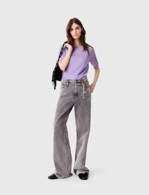 Maje Wide-leg Jeans With Chain-link Belt - Grey