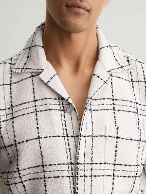 REISS Moran Textured Check Cuban-collar Shirt With Cotton - White/black
