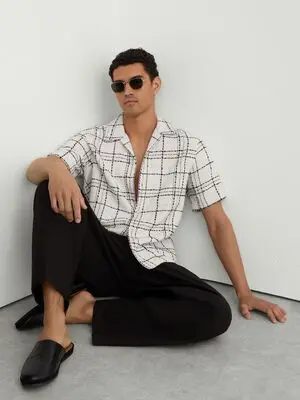 REISS Moran Textured Check Cuban-collar Shirt With Cotton - White/black