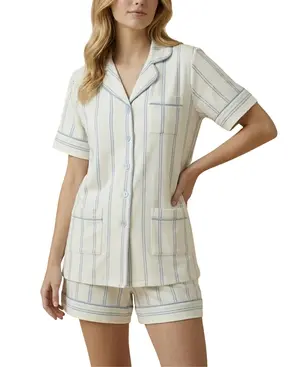 KIP Luxe Stretch Cotton Striped Short Set - Blue