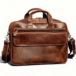 TOURI Genuine Leather Briefcase With Laptop Compartment - Brown