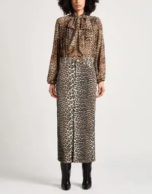 GANNI Leopard Print Denim Skirt - Beige