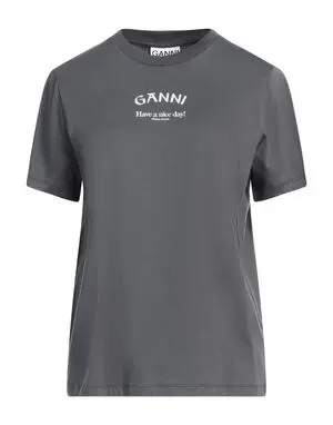 GANNI Cotton Jersey T-shirt With Logo Print - Grey