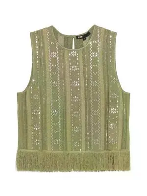 Maje Sleeveless Rhinestone Embellished Cropped Top With Fringe - Green