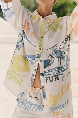 CELANDINE Linen Blend Button Down Shirt - Ivory Pattern