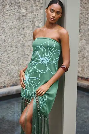 CELANDINE Asymmetrical T-shirt Dress With Fringe Detail - Green Pattern