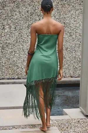 CELANDINE Asymmetrical T-shirt Dress With Fringe Detail - Green Pattern