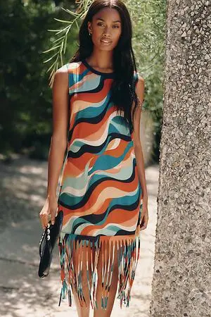 CELANDINE Knit Fringe Mini Dress - Orange Pattern