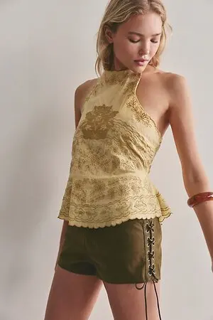 Free People We The Free Vegan Suede Micro Shorts With Lace-up Detail - Beech Leaves